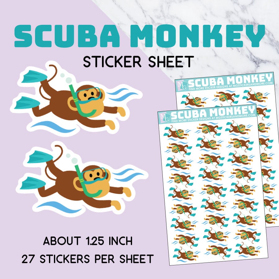 Scuba Monkey sticker sheet | MG Stickers And More